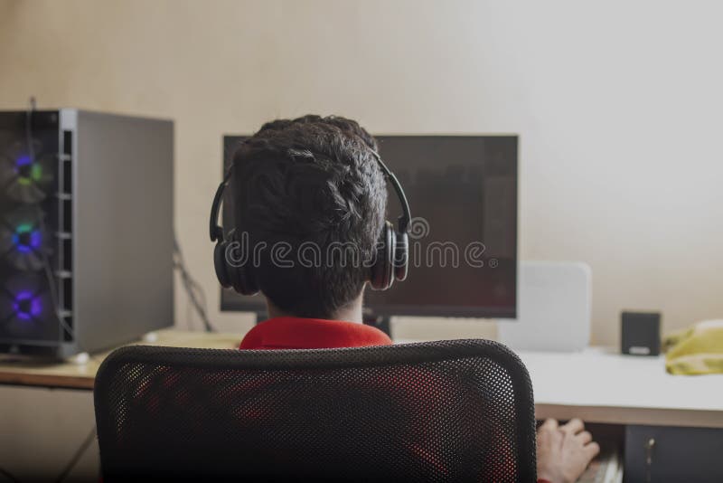 Gamer Playing Online Video Game on His Powerful Personal Computer ...