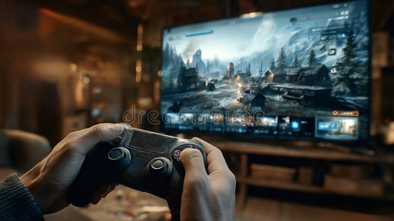 Gamer Playing Videogames on a Big Screen Tv with Controller in His ...