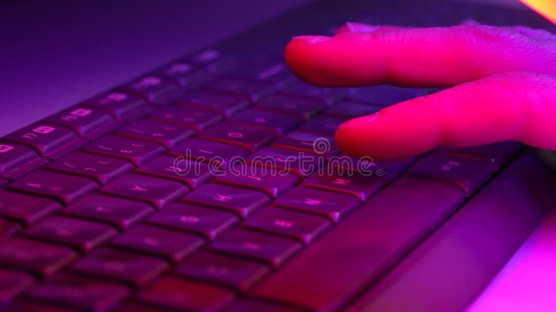 Hand on Computer Keyboard with Neon Lights, 3d Rendering. Computer ...