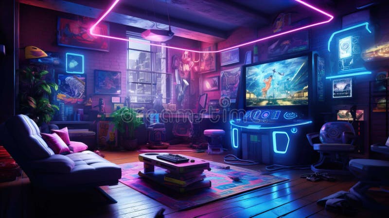 Gamer Room ,Interior of a Gamer Room Lit with Neon Lights Generate AI ...