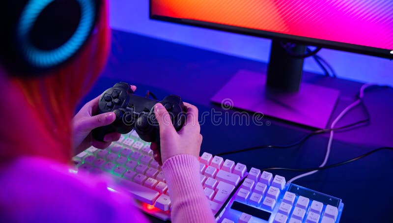 Gamer Using Joystick Controller for Virtual Tournament Plays Online ...