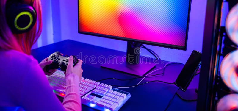 Gamer Using Joystick Controller for Virtual Tournament Plays Online ...