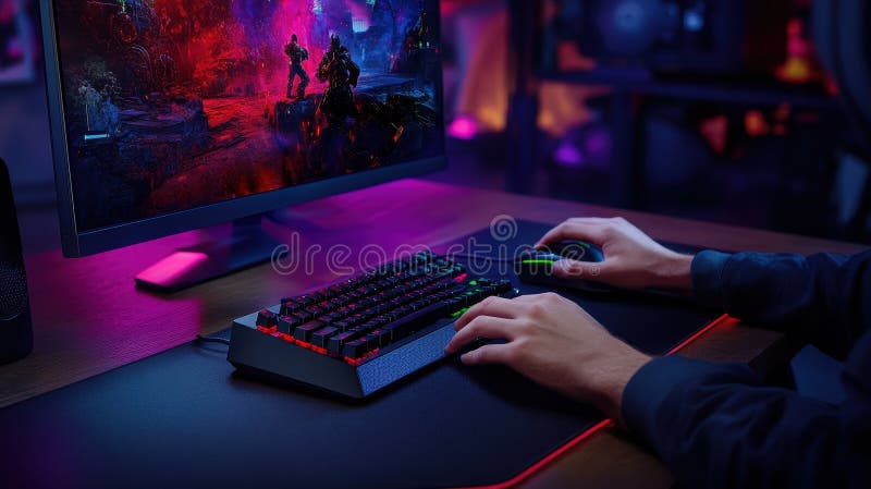 A Gamer Using a Keyboard and Mouse in a Colorful, Immersive Gaming ...