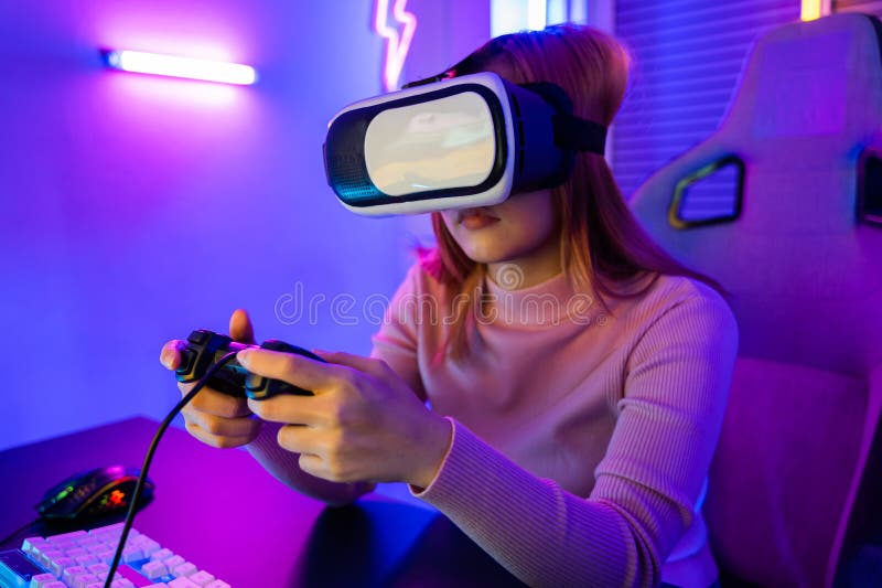 Gamer in VR Headset Glasses Exploring Metaverse Play Video Game Online ...