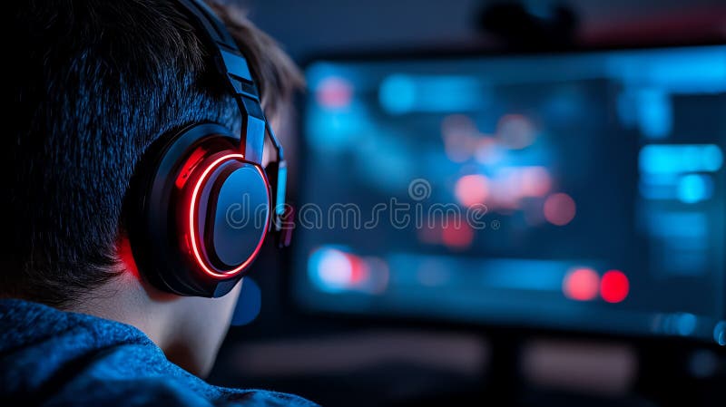 Gamer Wearing Headphones, Focused on Computer Screen with Vibrant ...