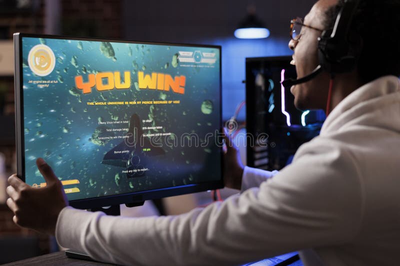 Gamer Winning Spaceship Videogame Stock Photo - Image of happy ...