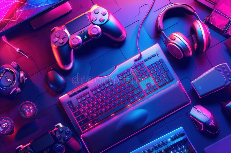 Gamer Workspace with Vibrant Lighting Showcasing Console Controllers ...