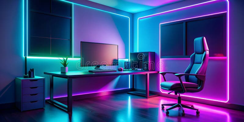 Games Room with a Cyber Gamer Computer 3d Render of Neon Lighting AI ...