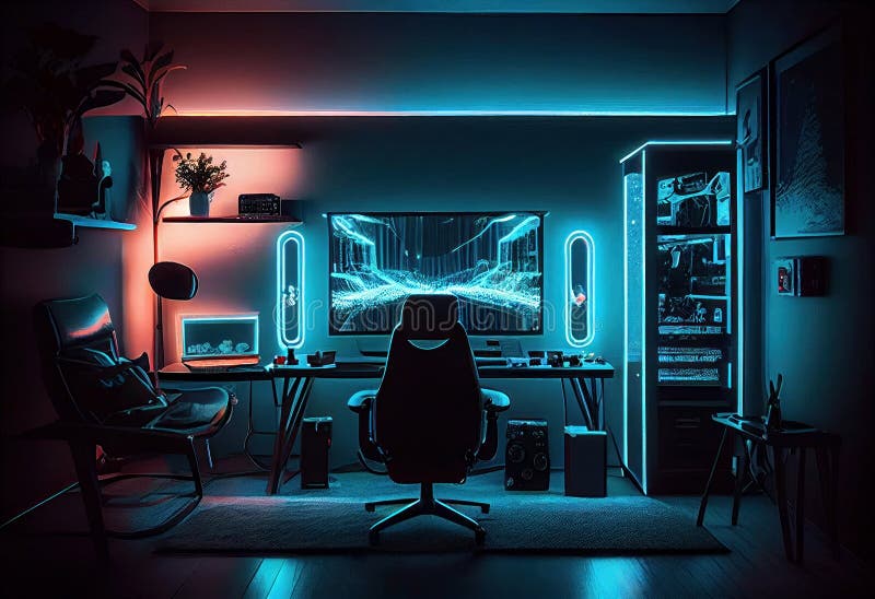 Games Room Illuminated with Leds. Generative AI. Stock Illustration ...