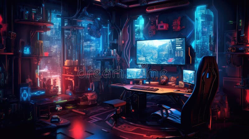 Games Room Surrounded by Colored Led Lights with a Cyber Gamer Computer ...