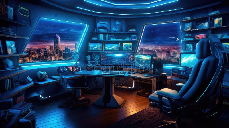 Games Room Surrounded by Colored Led Lights with a Cyber Gamer Computer ...