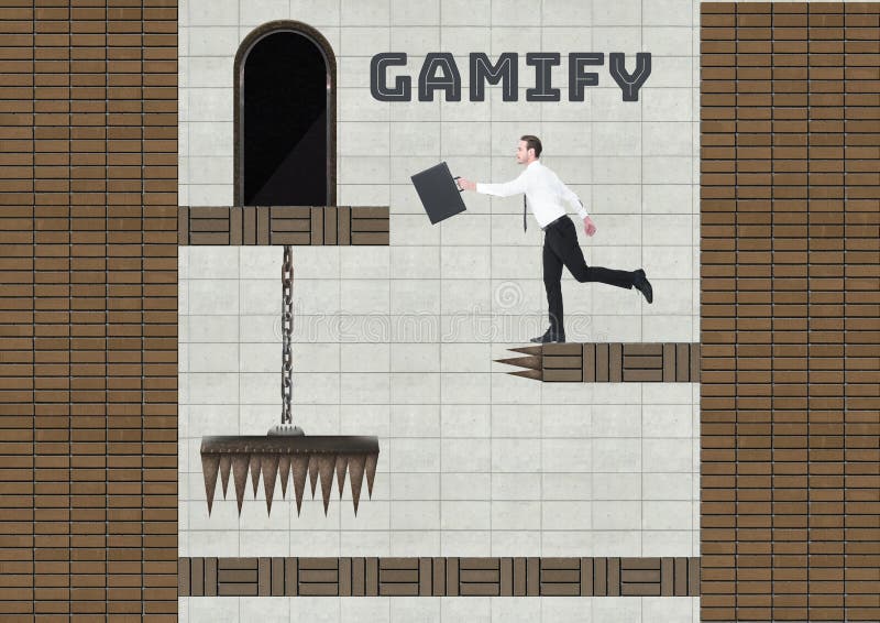 Gamify Text and Businessman in Computer Game Level with Coins and Traps ...