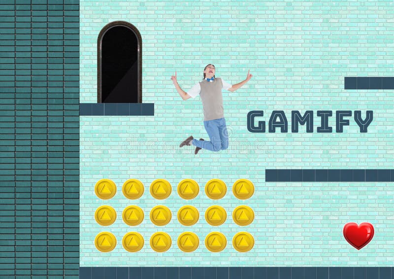 Gamify Text and Man in Computer Game Level with Coins and Heart Stock ...
