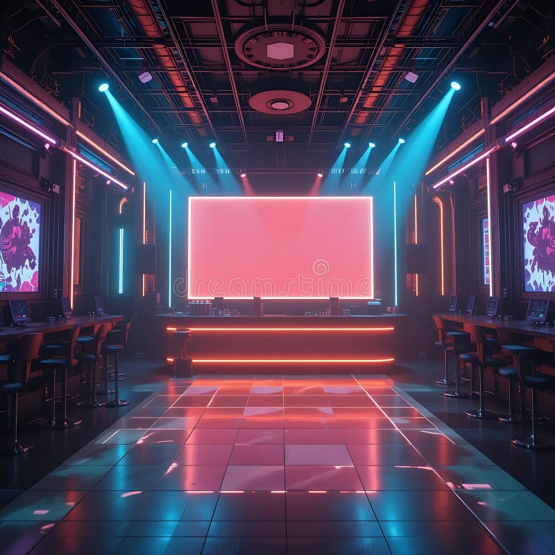 Gaming Bar Interior with Neon Lights and Empty Screen for Display Stock ...