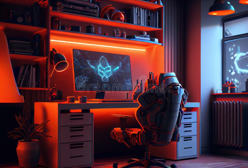 Pc Gamer Room with Gaming Chair and Wide Led on Study Table, Generative ...