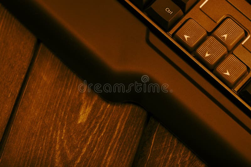 Gaming Computer Keyboard on a Wooden Table. Up and Down Buttons on a ...