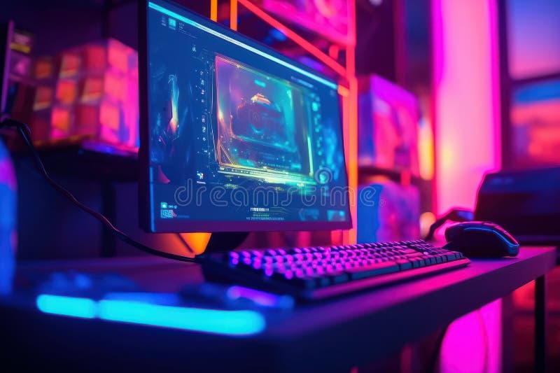 Gaming Computer in Neon Lighting. Beautiful Illustration Picture Stock ...