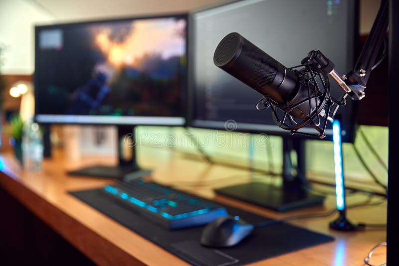 Gaming Computer Setup on Desk at Home with Microphone and Multiple ... Gaming Computer Setup on Desk at Home with Microphone and Multiple ...