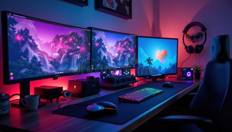 Gaming Computer Setup with Triple Monitors and Rgb Lighting in Modern ...