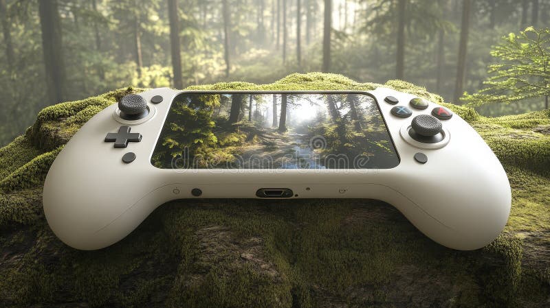 Gaming Console in a Forest Setting Displaying Nature Graphics Stock ...