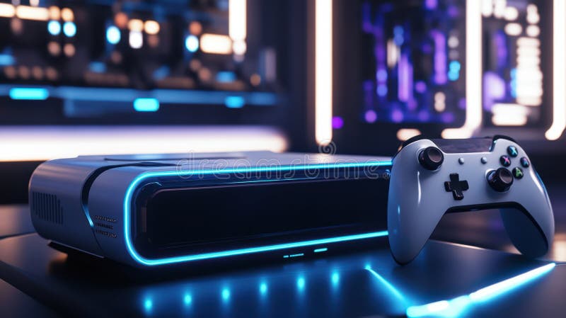 Gaming Console with a Futuristic Design and Wireless Controllers on ...