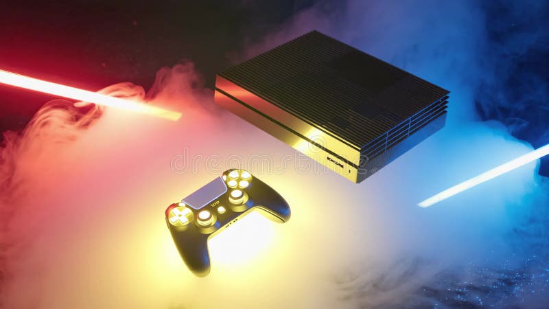 Gaming Console and Illuminated Controller Floating in Dramatic Smoke ...