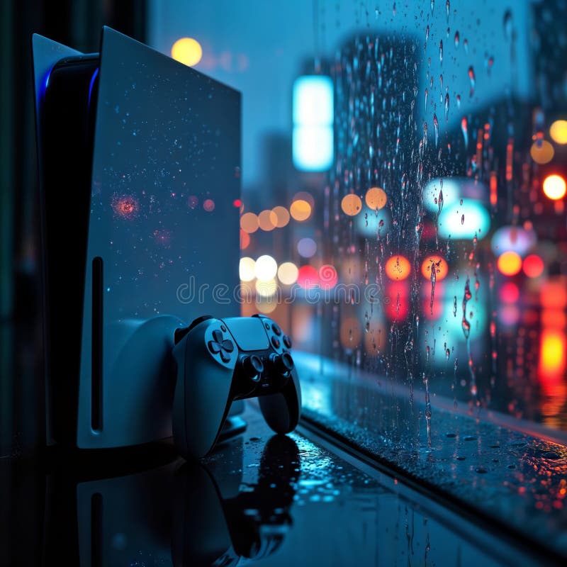 Gaming Console by Rainy Window with City Lights for Cozy Atmosphere ...