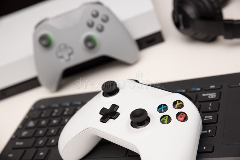 Gaming Console and Wireless Controllers Stock Image - Image of leisure ...