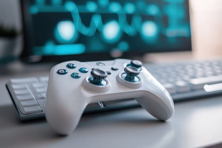 A Gaming Controller on a Desk beside a Computer Keyboard in a Modern ...