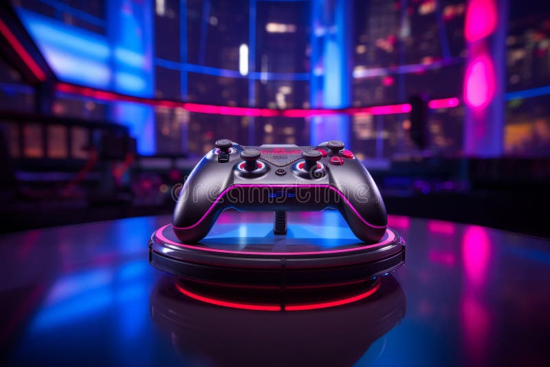 Gaming Controller on Glowing Platform in Vibrant Neon-lit Arcade ...