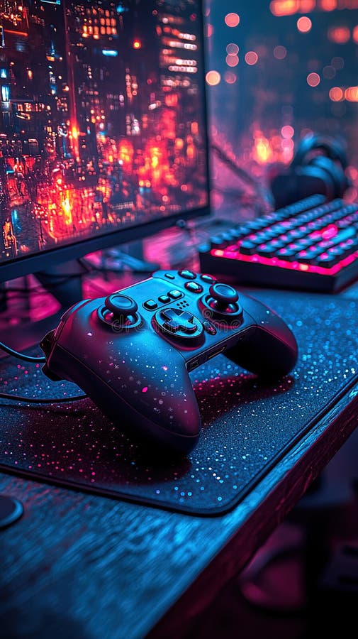 Vibrant Gaming Setup with a Controller, Keyboard, and City Lights in ...