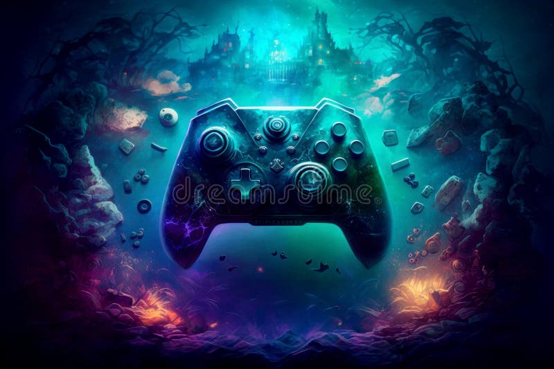Gaming Controller Surrounded by a Fantasy Game Environment. Generative ...