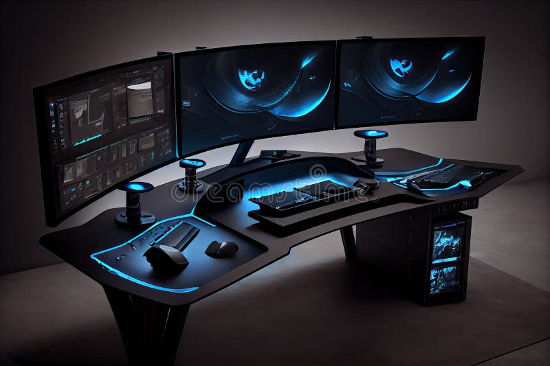 A Gaming Desk with Multiple Monitors and Sleek, Modern Design Stock ...