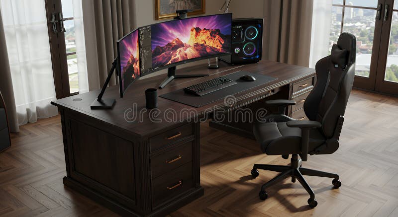 Gaming Desk Setup with Ergonomic Chair and Modern Computer System Stock ...