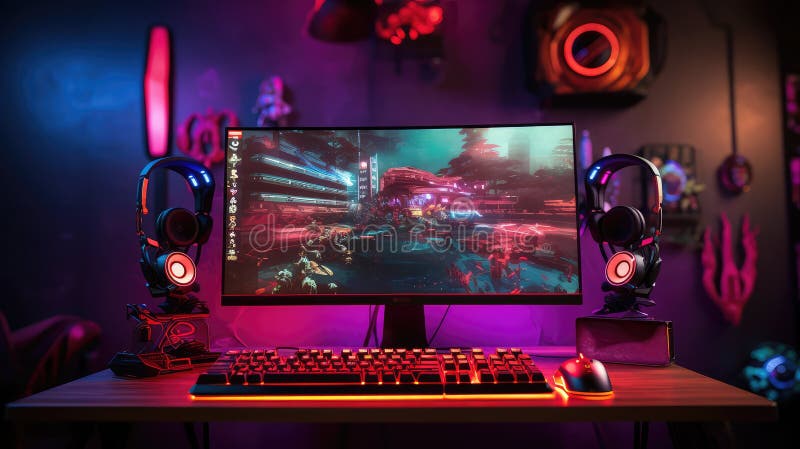 Gaming Desktop Computer on Table Stock Illustration - Illustration of ...