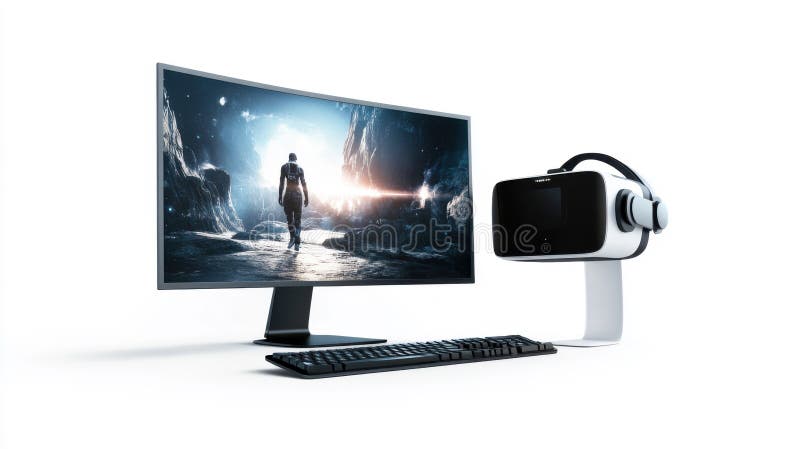 Gaming Desktop Setup with Vr Headset and Immersive Space Adventure on ...