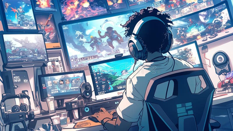 Gaming Enthusiast Immersed in a Multi-screen Setup with Vibrant Visuals ...