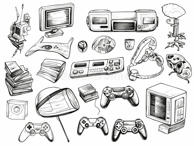 Gaming Gadgets Computer Play Technologies Icons in Hand-drawn Style ...