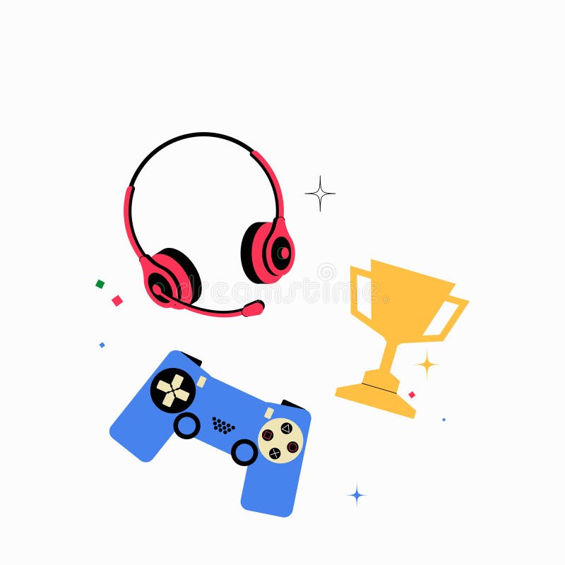Gaming Headset, Controller, and Trophy in Flat Vector Illustration ...