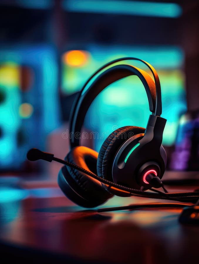 Gaming Headset on a Desk in a Dark Room Stock Illustration ...