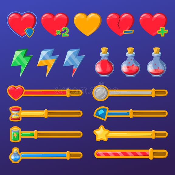 Gaming Icons Set. Vector Interface Elements Stock Illustration - Illustration of life, resource ...