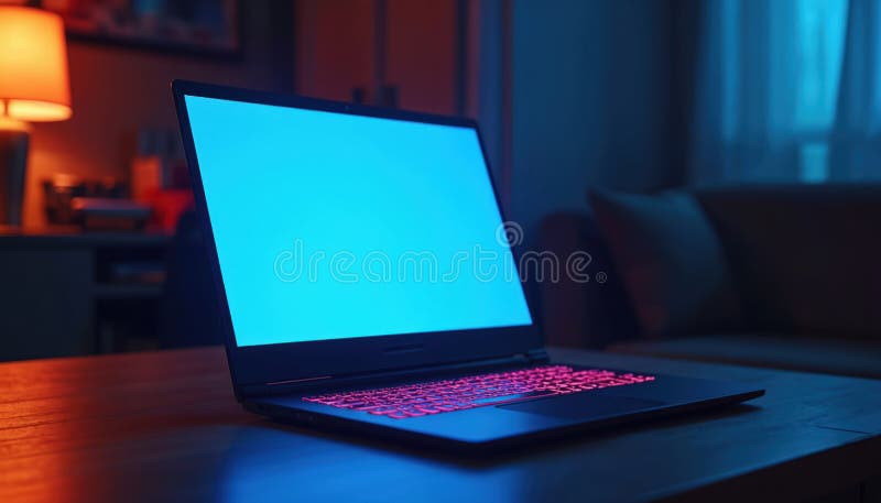 Gaming Laptop Sits on Table in Dark Room. Blank Blue Screen Reflects ...