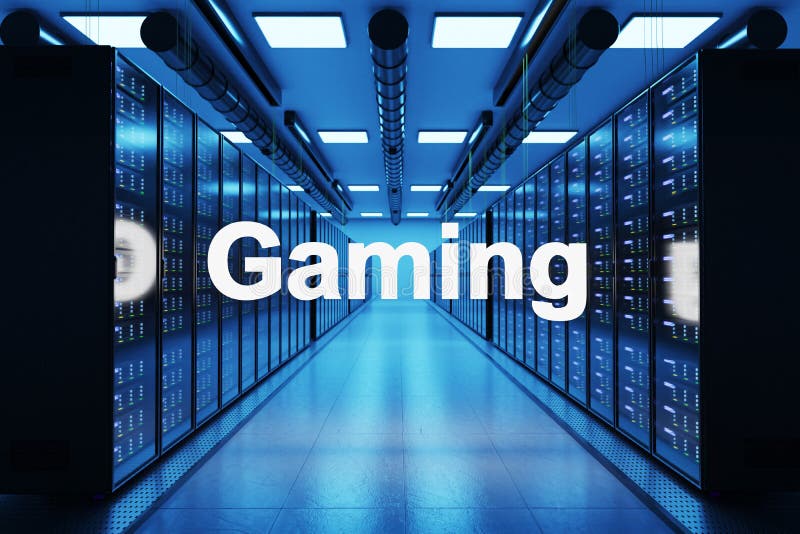 Gaming Logo in Large Modern Data Center with Multiple Rows of Network ...
