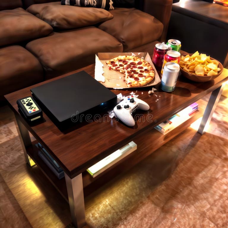 Gaming Night Setup with Console, Controller, Pizza, and Drinks ...
