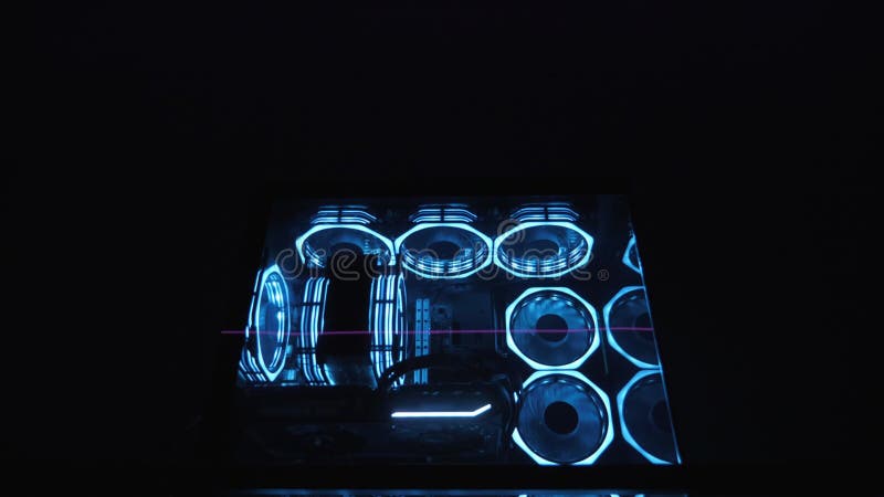 Working of Computer Cooling Fan, the Blue Light. Gaming Pc Glowing in ...