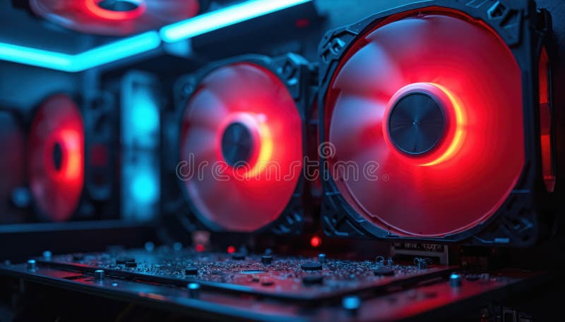Gaming PC Internals Showcase with Vibrant Red LED Cooling Fans, Blue ...