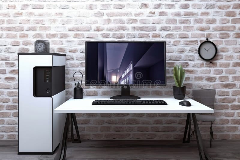 Gaming PC White Desk Screen Mockup Brick Wall Background Stock ...