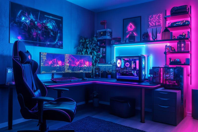 Gaming Room Interior Design with Neon Lights and Gaming Computer Stock ...