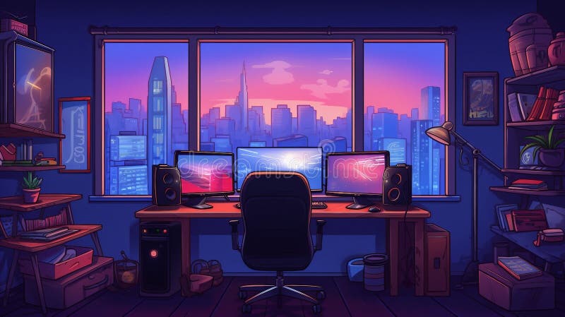 Gaming Room with Large Windows and City View Illustration AI Generated ...