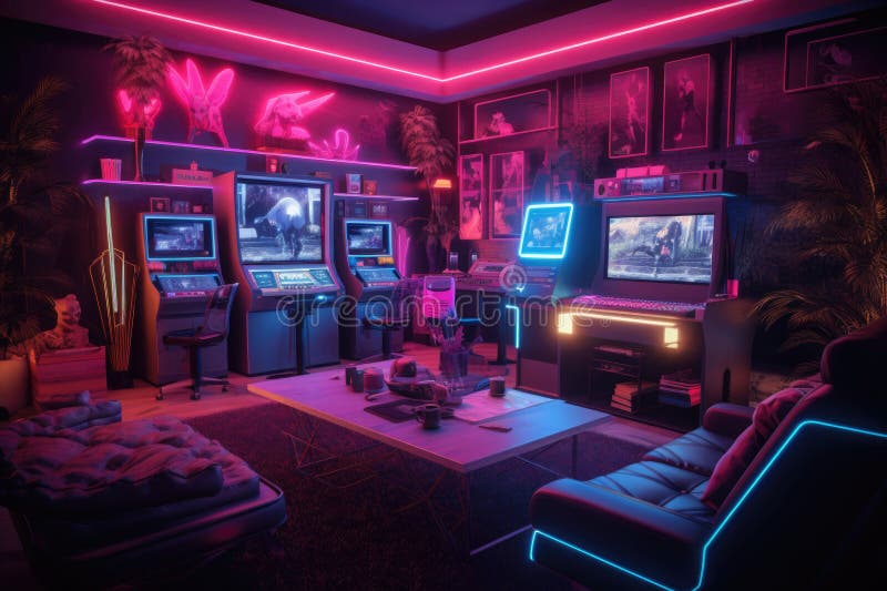 Gaming Room. Neon Illuminated Room with Computers Stock Illustration ...